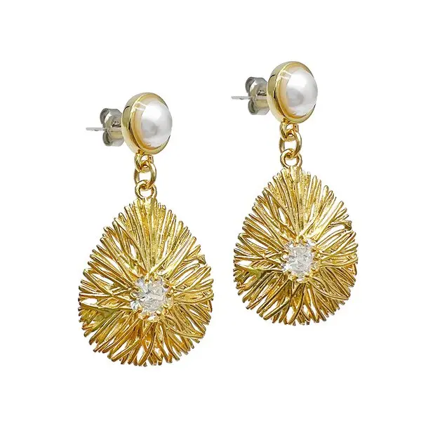 FARRA Teardrop Zircon Setin Pearl Stud Earrings - Gold
