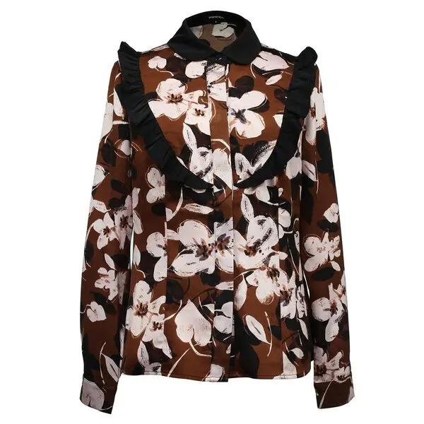 SMART AND JOY Ruffle Macro Flower Print Shirt Coffee - Brown