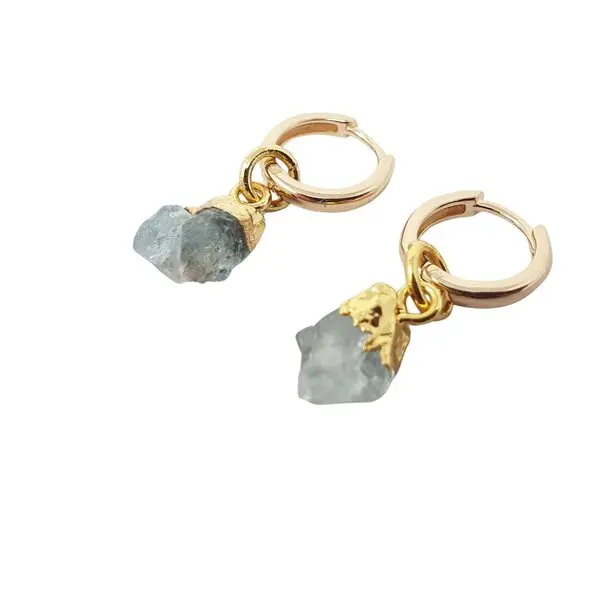 HARFI Gold / Blue Raw Aquamarine March Birthstone Gold Plated Huggies - Gold/blue