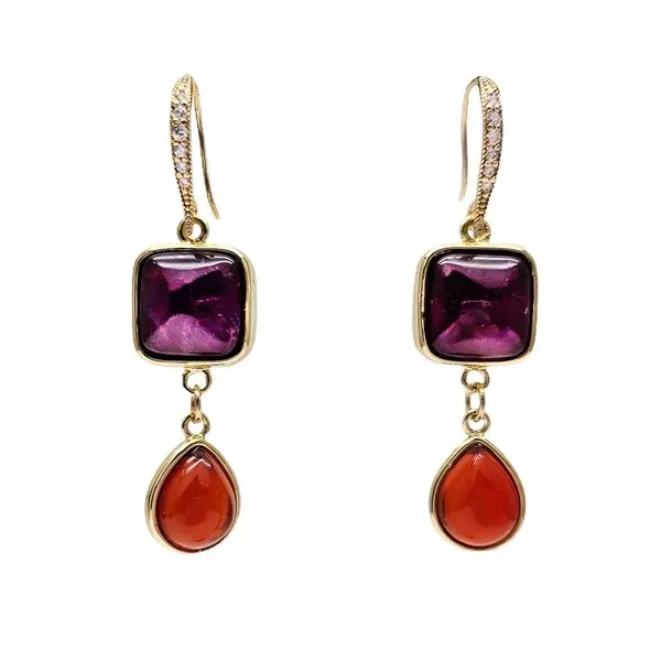 FARRA Natural Garnet With Agate Dangle Earrings - Red