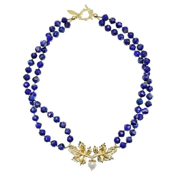 FARRA Lapis Stones With Leaf Charm Double Strands Statet Necklace - Blue