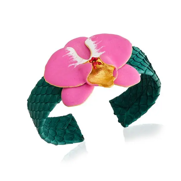 MILOU JEWELRY Fuchsia Pink Orchid Flower Leather Cuff Bracelet - Green
