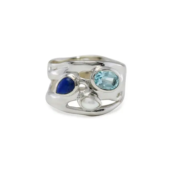 ISLA SILVER Blue / Silver Blue Topaz, Pearl & Lapis Lazuli Silver Ring - Blue/silver