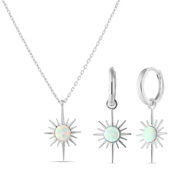 SPERO LONDON Opal Northernstar Drop Hoop Earring & Necklace Sterling Set - Silver