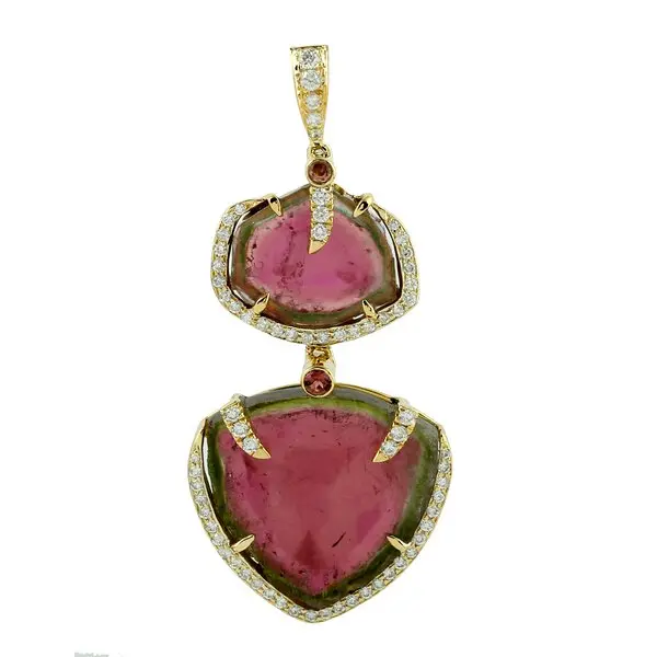 ARTISAN Watermelon Tourmaline & Diamond Drop Pendant In 18k Yellow - Gold