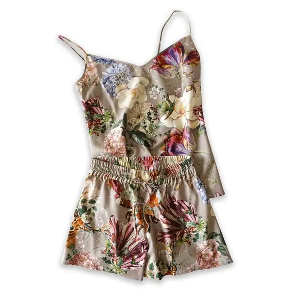 DECOFLUX HOME Neutrals Cotton Short Pyjama Set Magic Garden Grey Cliff Beige - Beige/gray