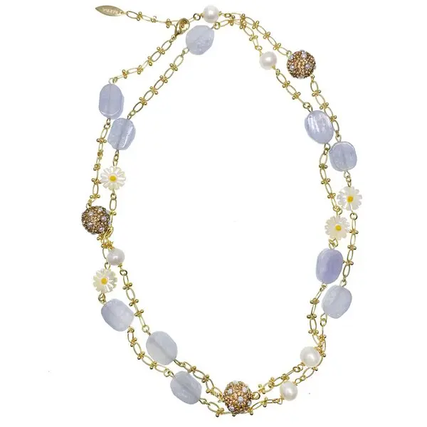 FARRA Lace Agate With Sunflower Shell & Rhinestones Multi-way Chain Necklace - Blue