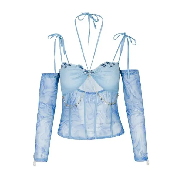 EMPRESS MIMI Siren Song Embroidered Corset Top With Wave Print And Diamond Detail - Blue