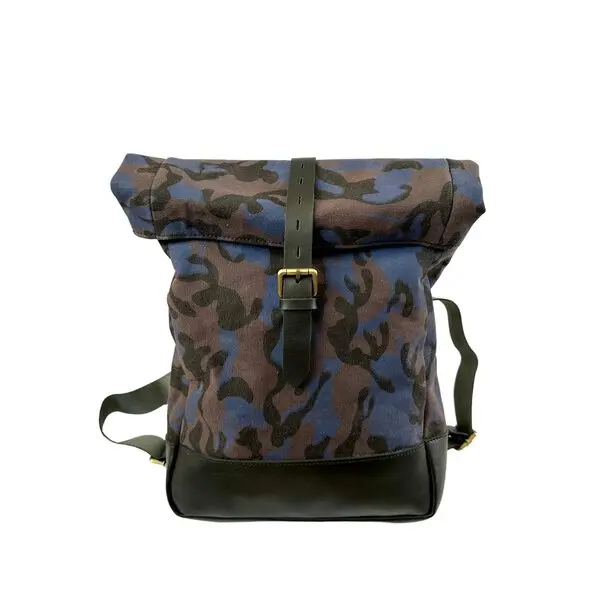 VIDA VIDA Camo Canvas And Leather Roll Top Backpack - Blue