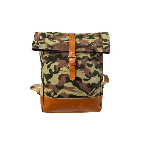 VIDA VIDA Camo Canvas And Leather Roll Top Backpack - Green