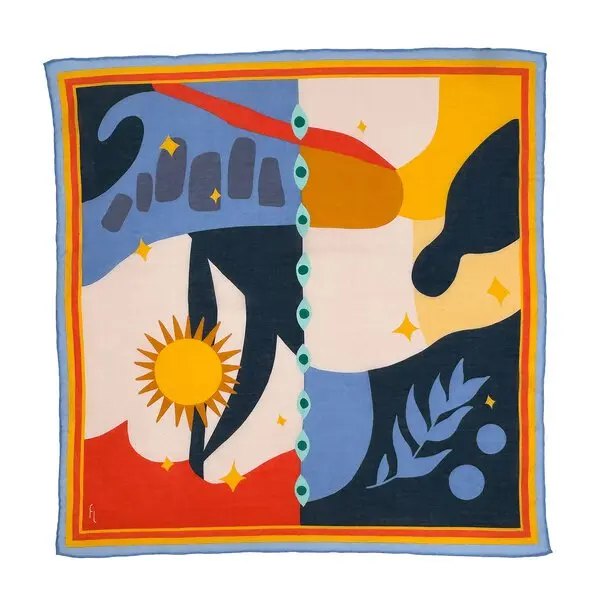 FOLIE LIVING Orange / Blue / Red Daydream In The Eye Cotton Scarf Small - Orange/blue/red