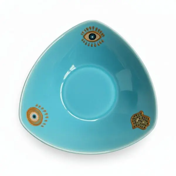 CASA DUNIYA Hand-painted Evil Eye Turquoise Triangular Serene Ceramic Bowls Set Of Three - Blue