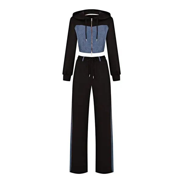 GOC DENIM Denim Detail Cotton Tracksuit Set With Two-way Zipper Black - Black/blue
