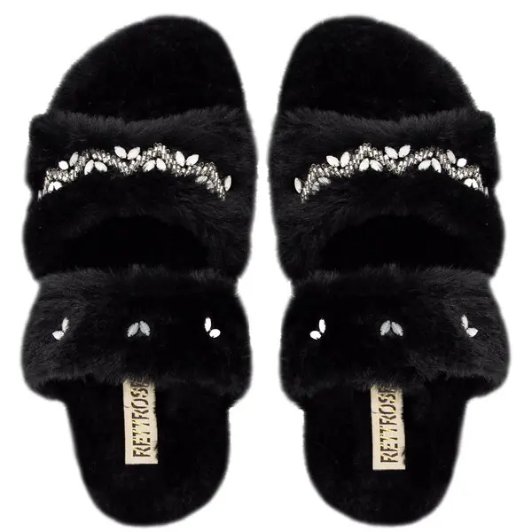 RETTROSE Myla Luxury Plush Diamanté Embellished Handmade Slipper - Black