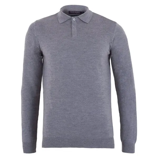 PAUL JAMES KNITWEAR Extra Fine Merino Wool Turner Long Sleeve Polo Shirt Mid - Grey