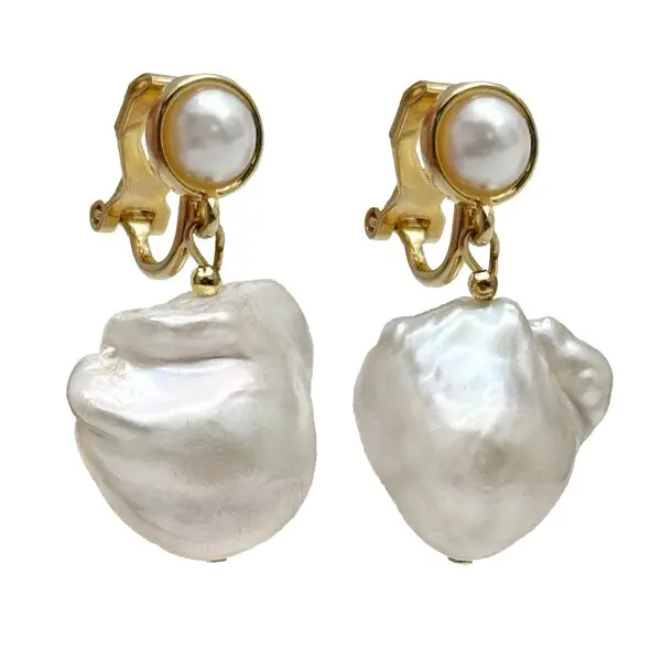 FARRA Baroque Pearls Dangle Clip On Earrings - White