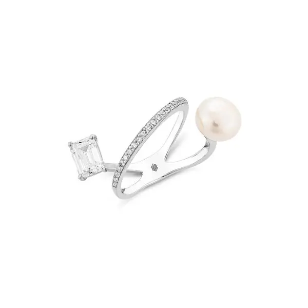 SALLY SKOUFIS Silver / White New Moon Ring With Natural White Pearl & Made Cz Diamond Stimulant In Sterling Silver - Silver/white
