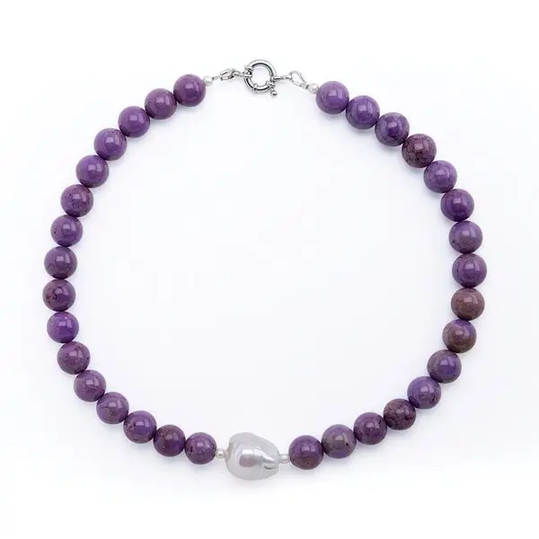 SILVER MOON Silver / White / Purple Sterling Silver Necklace Violet Echo With Purple Gemstones, Natural Seed Pearls And Baroque Pearl - Silver/white/purple
