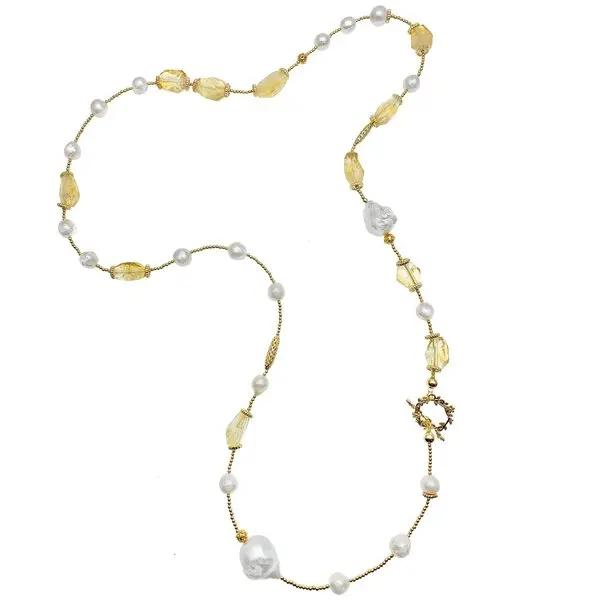 FARRA Citrine With Baroque & Freshwater Pearl Long Necklace