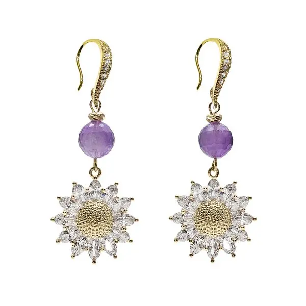 FARRA Amethyst With Daisy Dangle Earrings