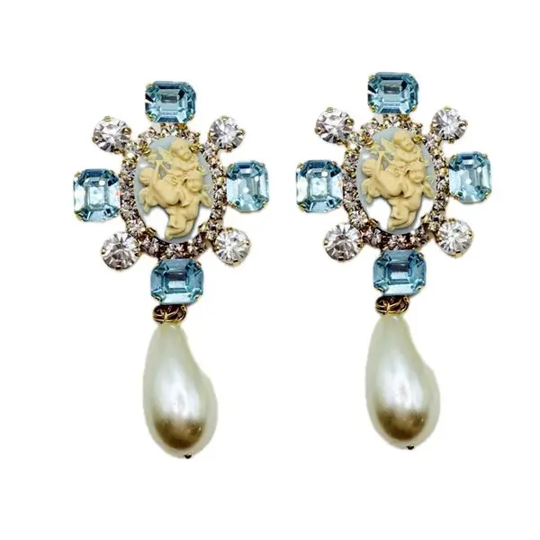 ACHALA HANDCRAFTED Neutrals Romantic Statet Victorian Cupid Cameo & Pearl Earrings - Blue