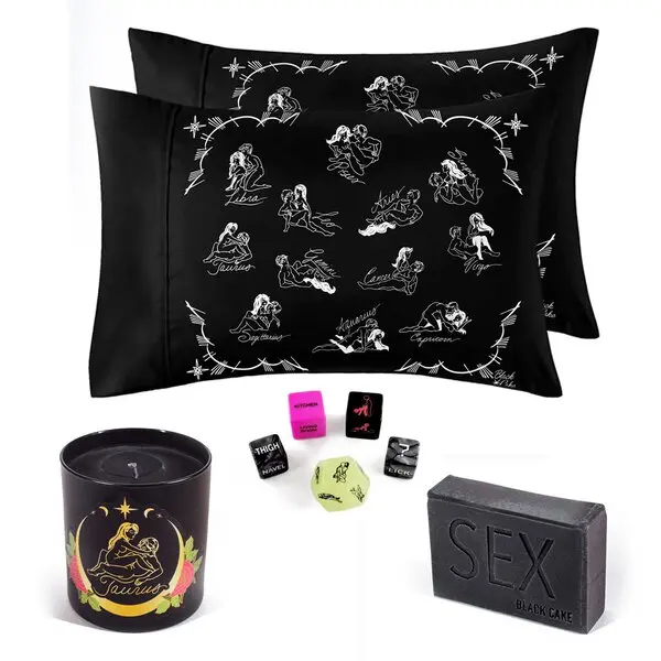 BLACK CAKE Taurus Pleasure Pack- Zodiac Horoscope Love Pillowcase, Soap, Dice, Candle Set - Black