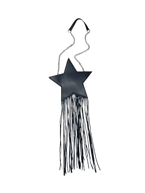 ANY OLD IRON Black / Silver Black Star Leather Fringe Bag With Silver Chain - Black/silver