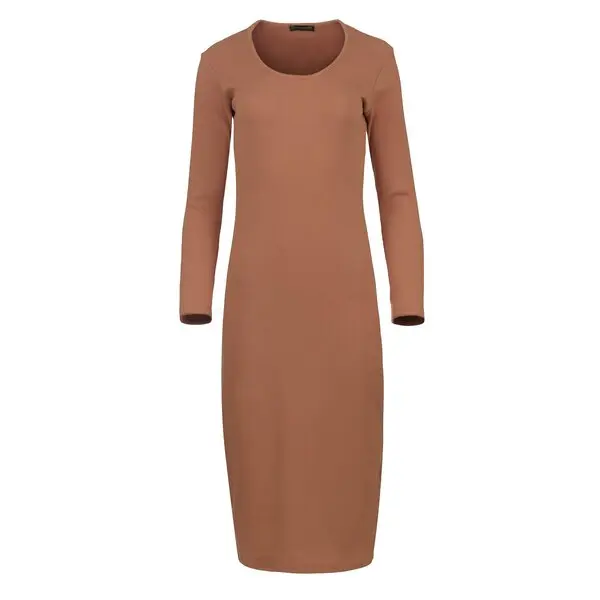 CONQUISTA Long Sleeve Round Neck Midi Dress In Ribbed Cotton-elastane Chocolate - Brown