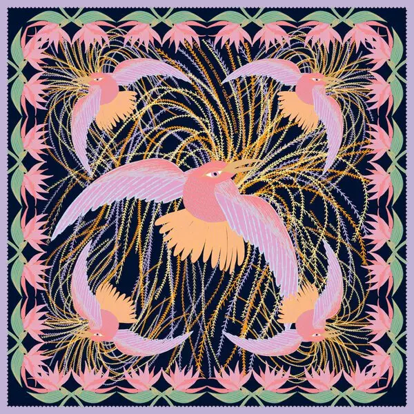 CREATURE MARSEILLE Birds Of Paradise Pastel The Silk Medium Scarf Design In France Made In Italy - Black