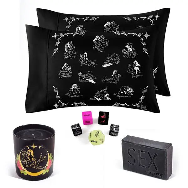 BLACK CAKE Leo Pleasure Pack- Zodiac Horoscope Love Pillowcase, Soap, Dice, Candle Set - Black