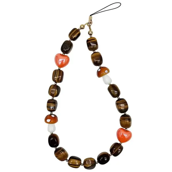 FARRA Nugget Tiger Eye With Mushroom And Heart Phone Strap - Brown