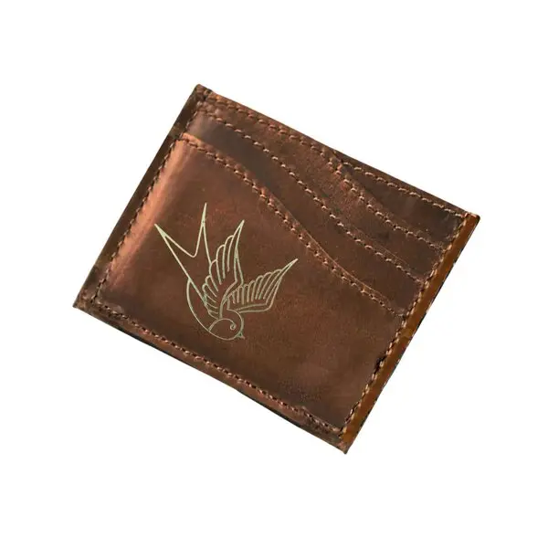 VIDA VIDA Swallow Tattoo Leather Card Holder Tan - Brown