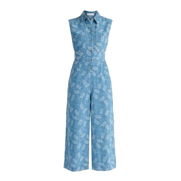 PAISIE Wide Leg Denim Jumpsuits In Leaf Pattern In Light Denim - Blue