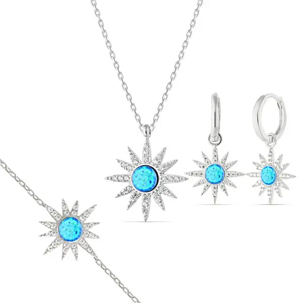 SPERO LONDON Blue Opal Sun Sterling Necklace Earring & Bracelet Set - Silver