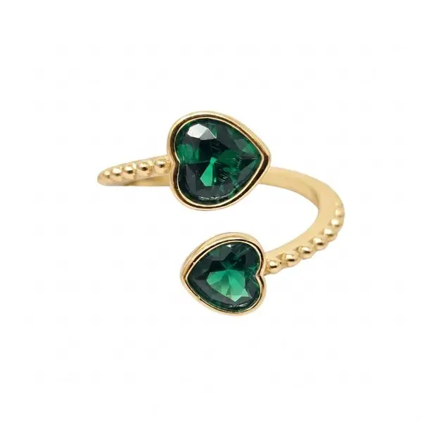 HARFI Double Heart Emerald May Birthstone Adjustable Plated Ring - Gold