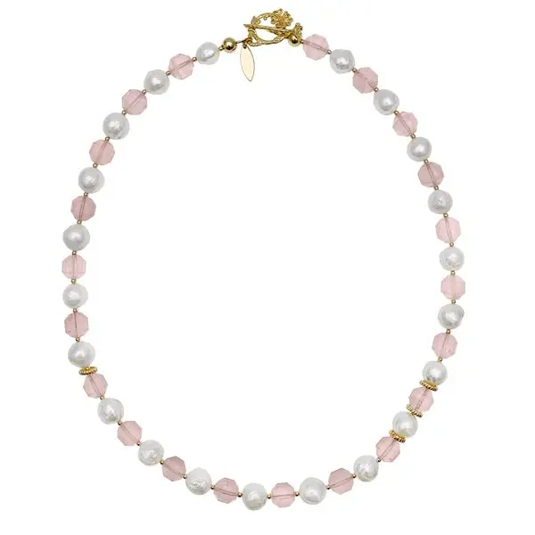 FARRA Rose Quartz With Freshwater Pearls Simple Short Necklace
