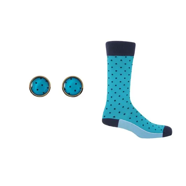 PEPER HAROW - MADE IN ENGLAND Groom's Set Pin Polka Socks & Azure Cufflink - Blue