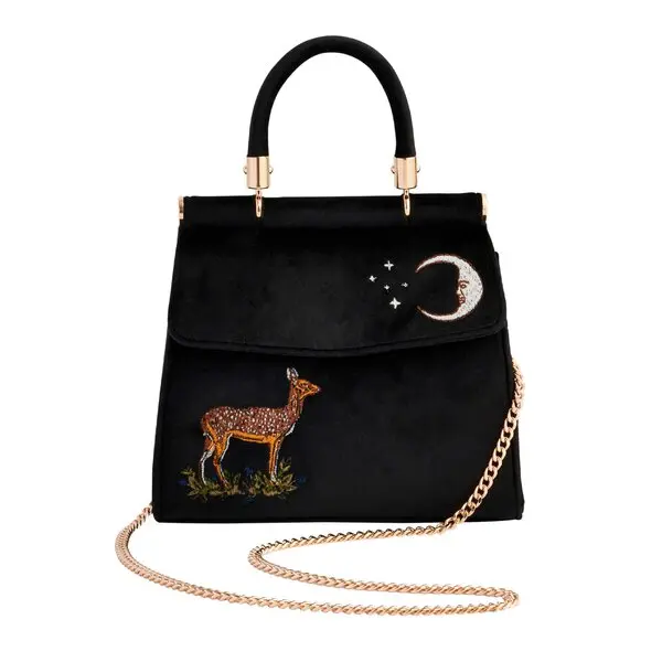 FABLE ENGLAND Deer & Moon Embroidered Velvet Tote - Black