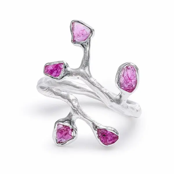 GERMAN KABIRSKI Pink / Silver Tinta Nature Inspired Silver Ring With Raw Ruby - Pink/silver