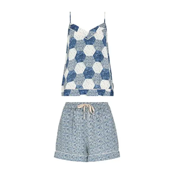 LILY AND LIONEL Blue / White Camilla Aster Patchwork Cami & Short Pyjama Set In Blue - Blue/white