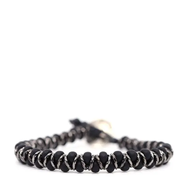 Shar Oke Silver / Black Black Matte Czech & Black Leather Beaded Bracelet - Silver/black