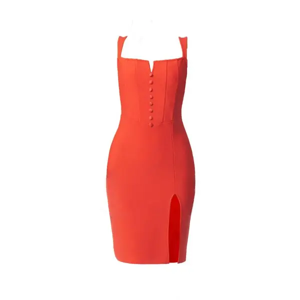 SOUR FIGS Square-neck Button-down Cocktail Dress In Persian - Red