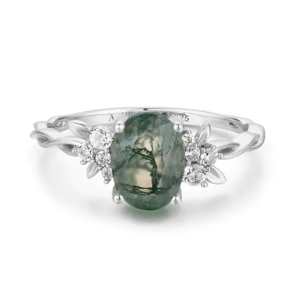 AZURA JEWELRY NEW YORK Enchanted Garden Moss Agate Ring White Gold Vermeil - Silver