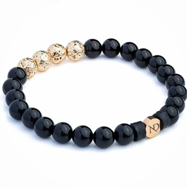 N'DAMUS LONDON Leather, Onyx & Gold Gemstone Beaded Bracelet - Black