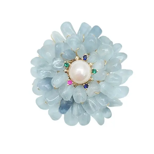 FARRA Handcrafted Flower Shape Natural Aquamarine Brooch - Blue