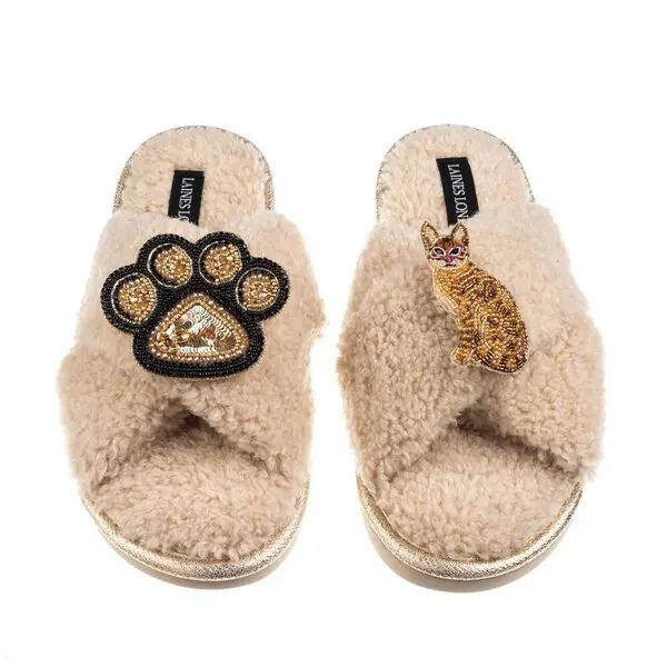 LAINES LONDON Neutrals Boucle Slippers With Paw & Bengal Cat Brooches Oatmeal - Brown