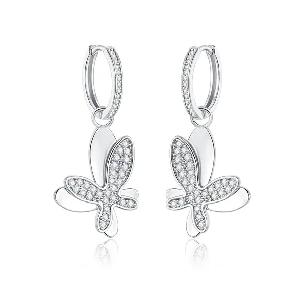 CLASSICHARMS Pavé Diamond Butterfly Dangle Drop Hoop Earrings - Silver