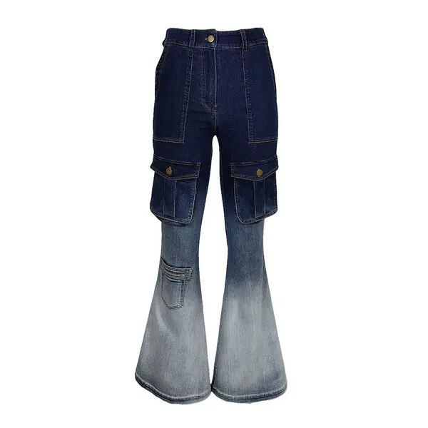 LALIPOP DESIGN High Waisted Ombre Effect Flared Cargo Denim Pants - Blue