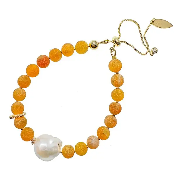 FARRA Agate Bracelet With Baroque Pearl Adjustable Bracelet - Yellow