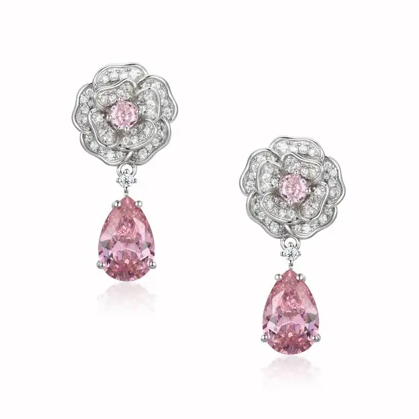 SANTINNI Baroness Flower & Pink Crystal Drop Earrings - Silver